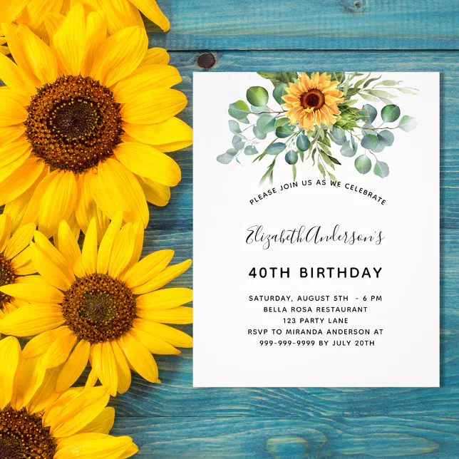 Budget birthday sunflower eucalyptus invitation | Zazzle