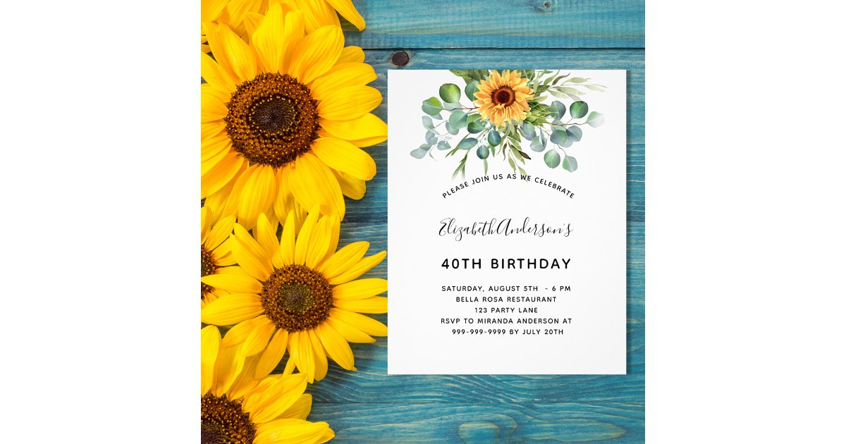 Budget birthday sunflower eucalyptus invitation | Zazzle