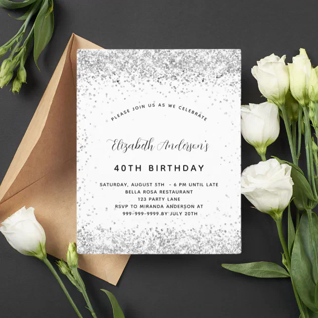 Budget birthday white silver glitter invitation | Zazzle