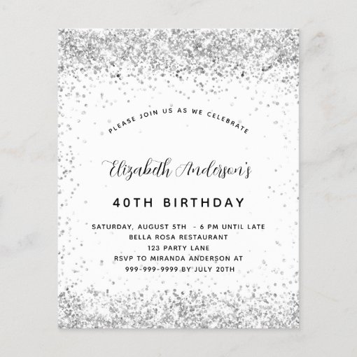 Budget birthday white silver glitter invitation | Zazzle