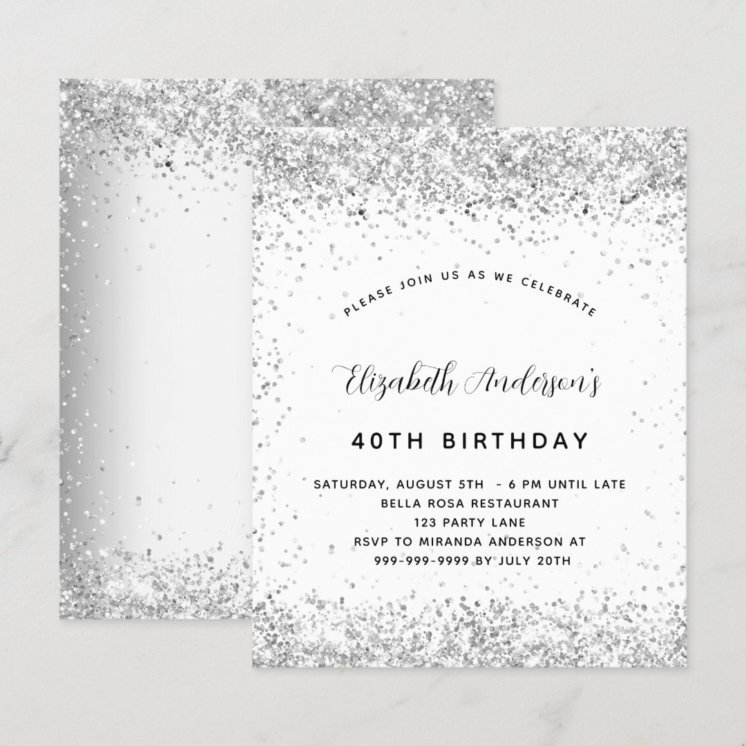 Budget birthday white silver glitter invitation | Zazzle