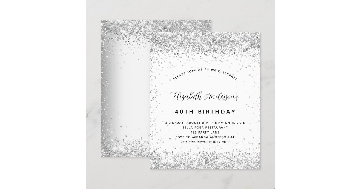 Budget birthday white silver glitter invitation | Zazzle