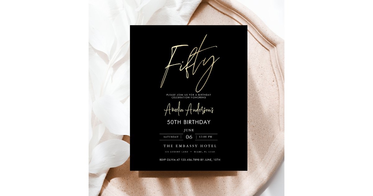 Budget Black and Gold Script 50th Birthday Flyer | Zazzle