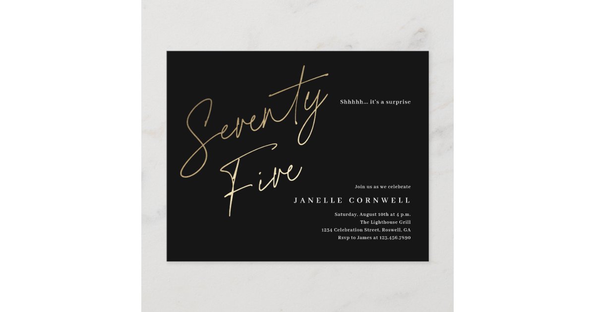 Budget Black and Gold Script 75th Birthday Invite | Zazzle