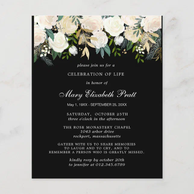Budget Black and White Floral Funeral Invitation | Zazzle