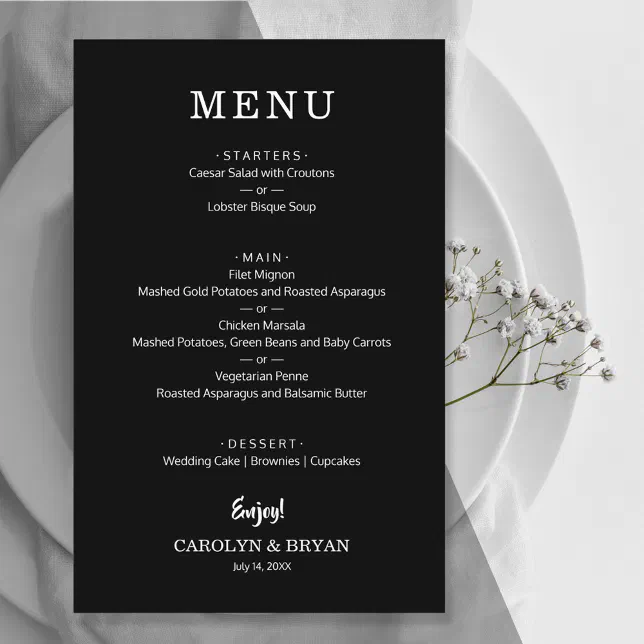 Budget Black and White Wedding Menu Flyer | Zazzle