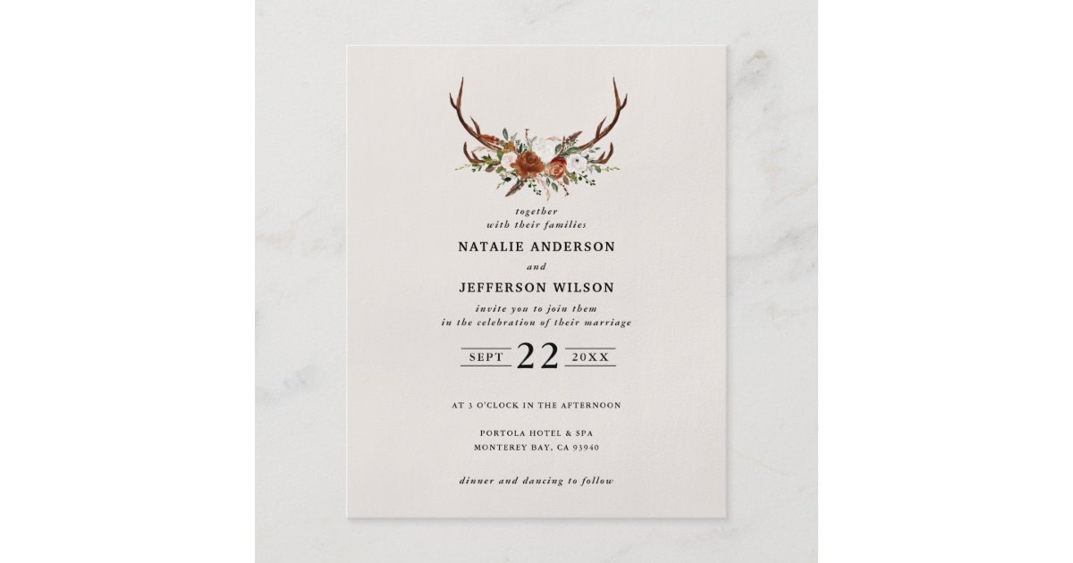 Budget black chic floral stag wedding invitation flyer | Zazzle