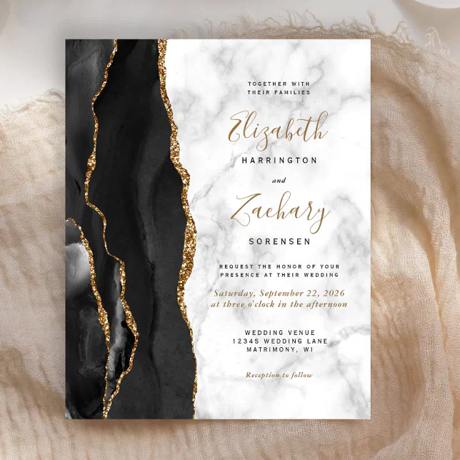 Budget Black Gold Agate Marble Wedding Invitation | Zazzle
