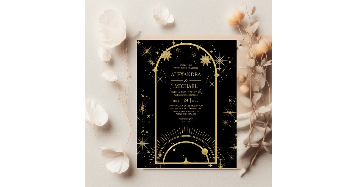 Budget Black Gold Celestial Stars Wedding Flyer | Zazzle