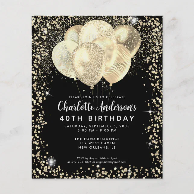 Budget Black Gold Glam Glitter Balloon Birthday Flyer | Zazzle