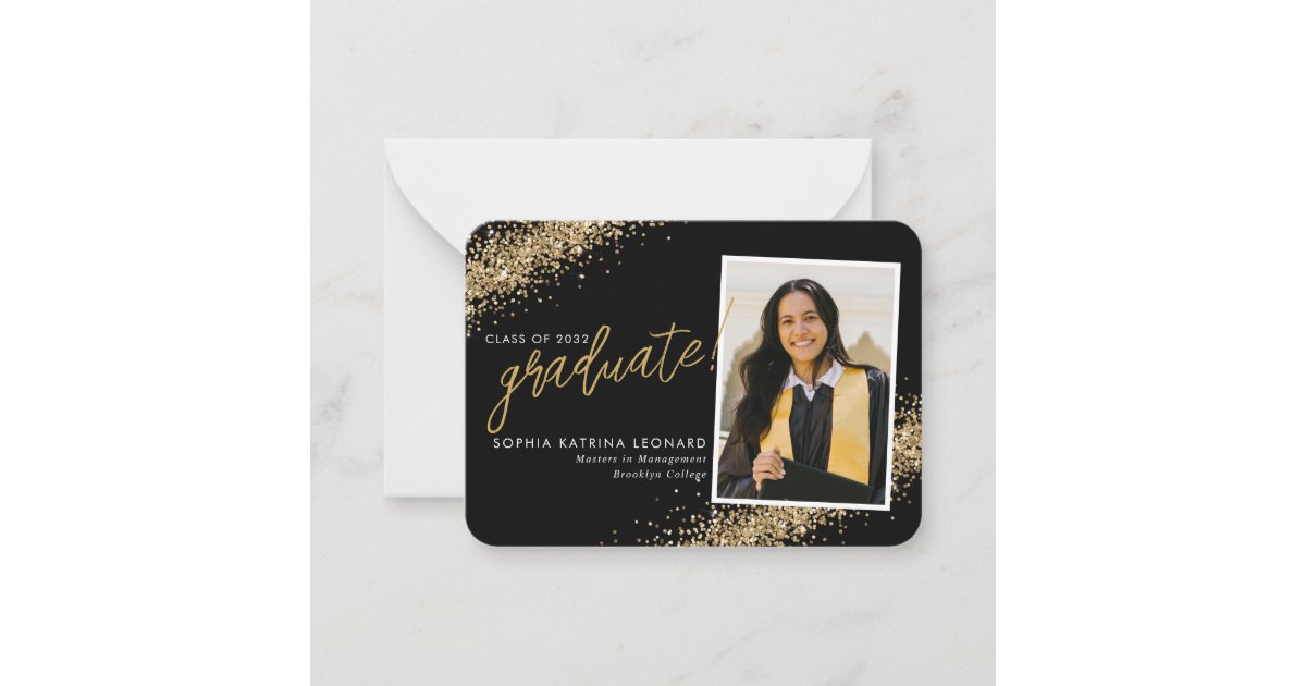 Budget Black Gold Glitter Grad Photo Graduation Note Card | Zazzle
