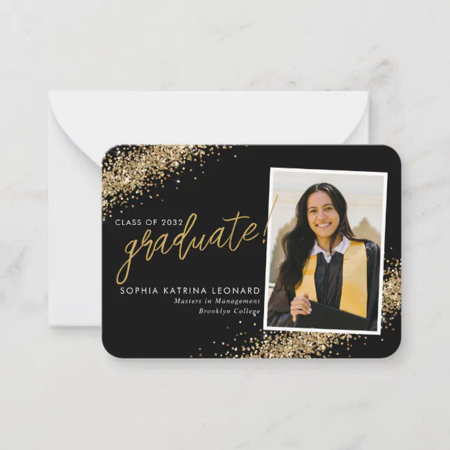 Budget Black Gold Glitter Grad Photo Graduation Note Card | Zazzle
