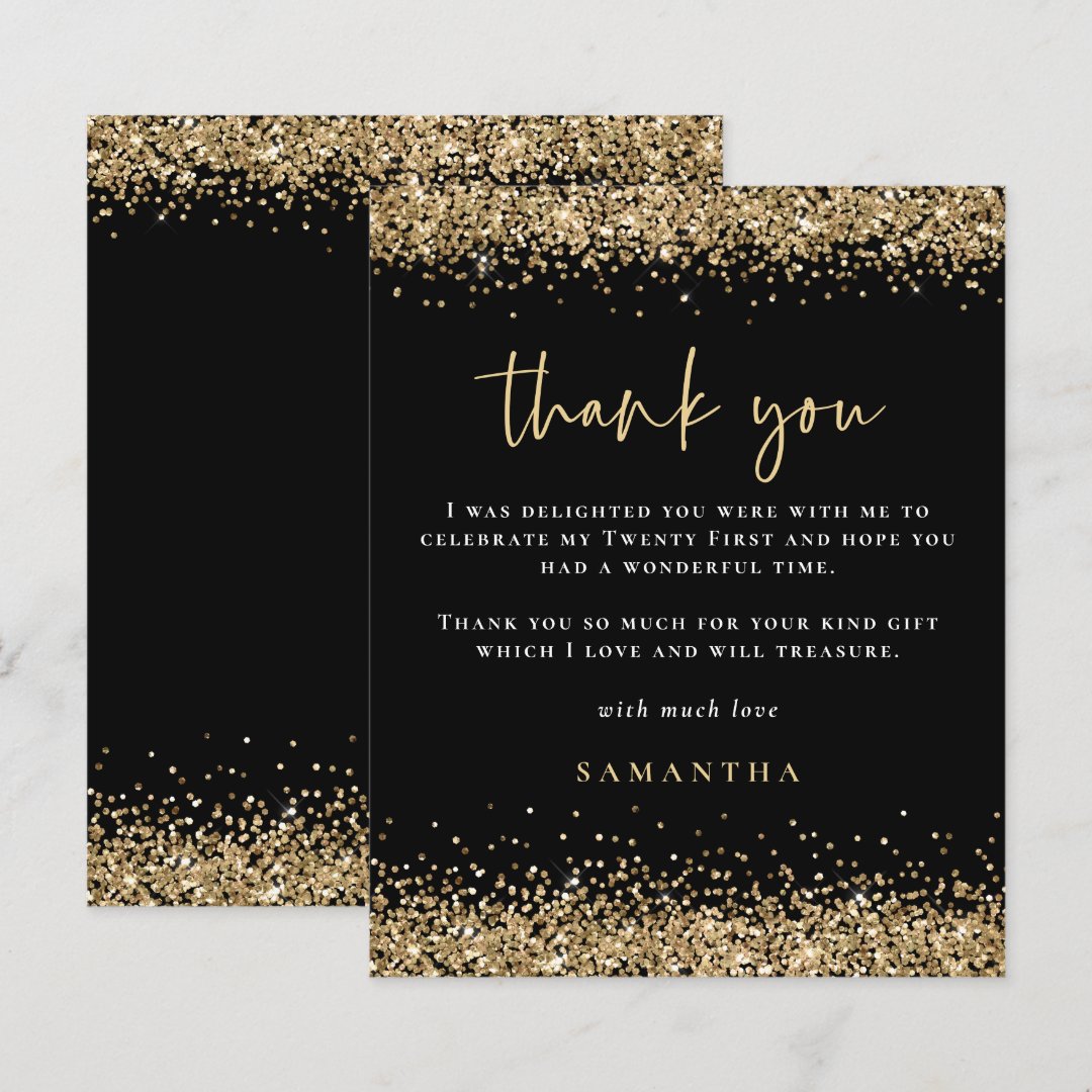 Budget Black Gold Glitter Twenty First Thank You | Zazzle
