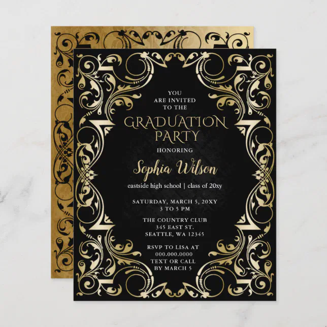 Budget Black Gold Graduation Invitation | Zazzle