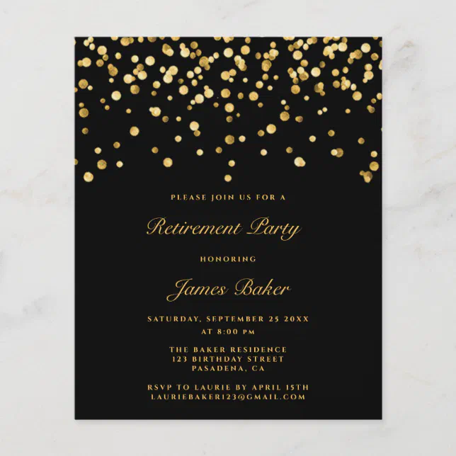 Budget Black & Gold Retirement Party Invitation Flyer | Zazzle