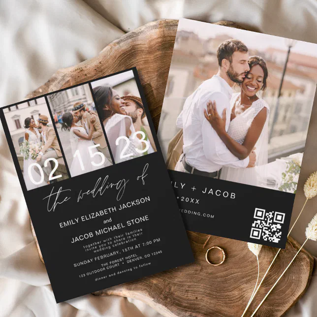 Budget Black Photo QR code Wedding Invitation Flyer | Zazzle
