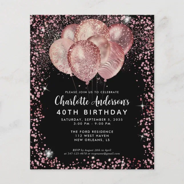 Budget Black Rose Gold Glitter Balloon Birthday Flyer | Zazzle