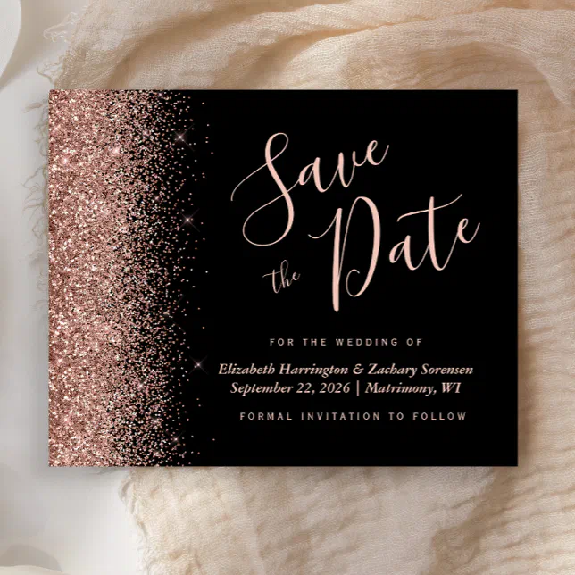 Budget Black Rose Gold Glitter Save the Date | Zazzle