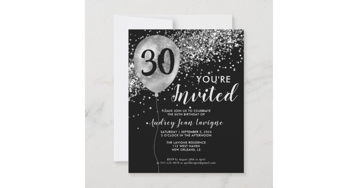 Budget Black Silver Balloon Birthday Invitation | Zazzle
