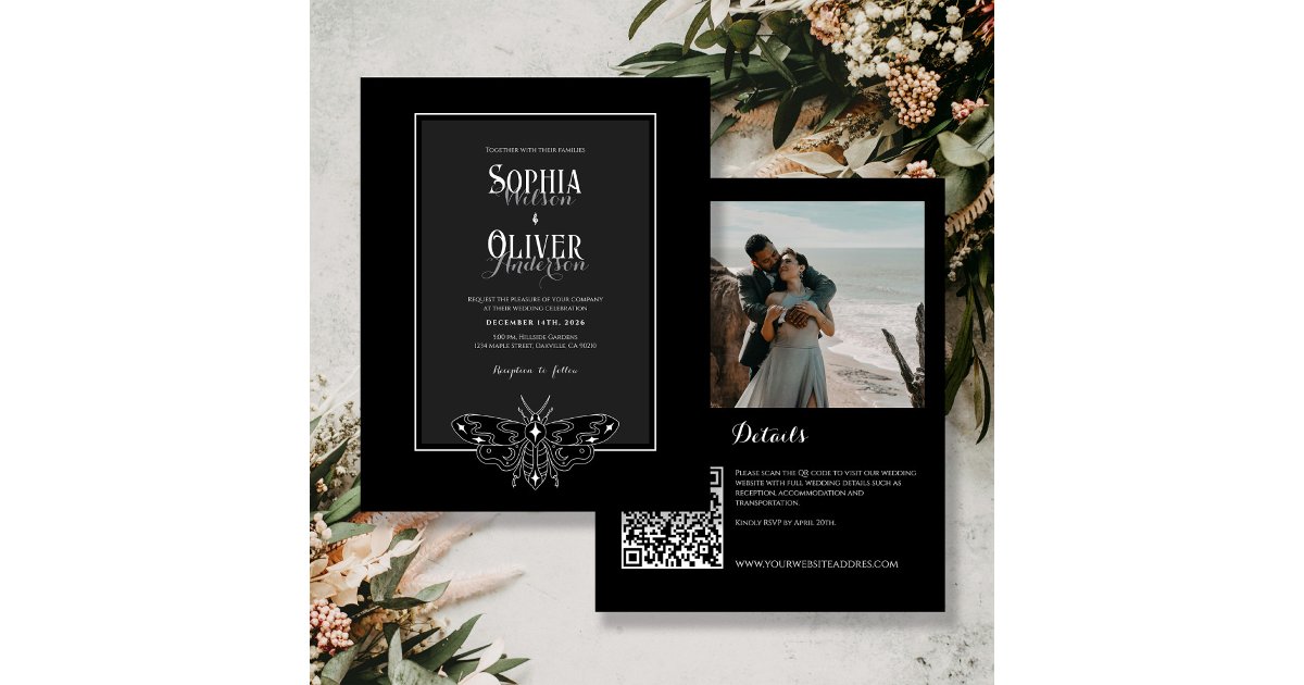 Budget Black&White Gothic QR code Wedding Invite | Zazzle
