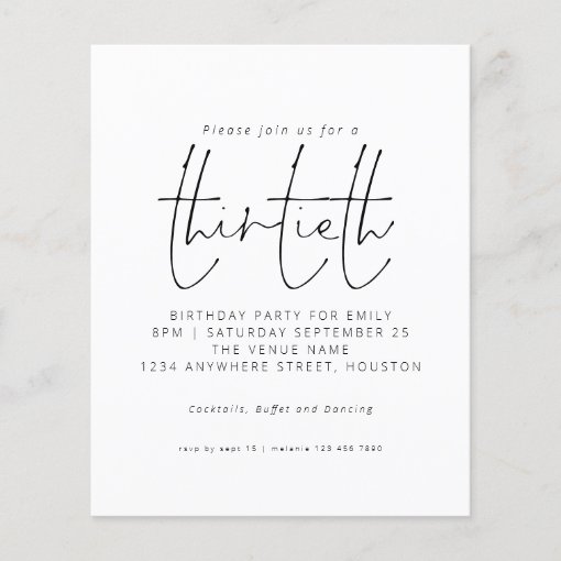 Budget Black White Script 30th Birthday Invitation | Zazzle