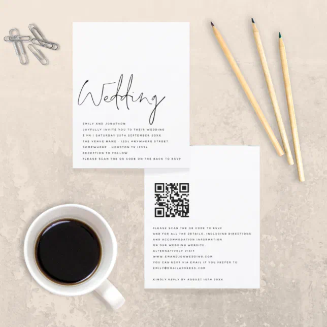 BUDGET Black White Script QR Code Wedding Invite | Zazzle