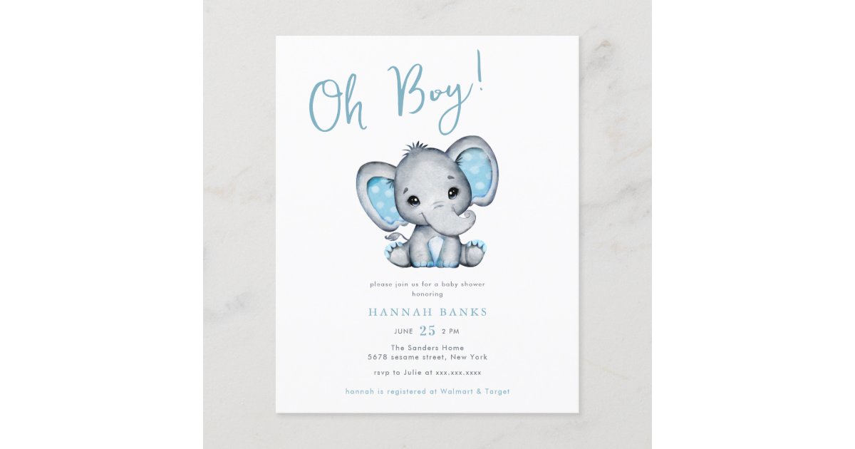 Budget Blue Elephant Baby Boy Shower Invitation | Zazzle