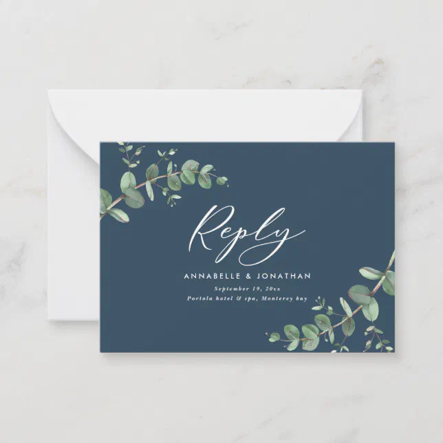 budget blue Eucalyptus Greenery Wedding reply Note Card | Zazzle