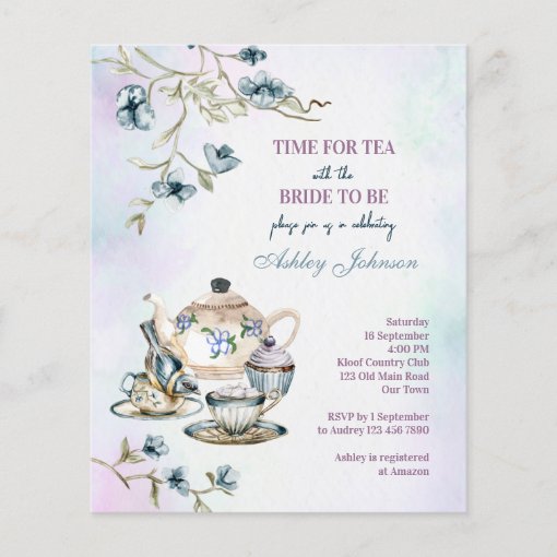 Budget blue floral tea party bridal shower invitat | Zazzle