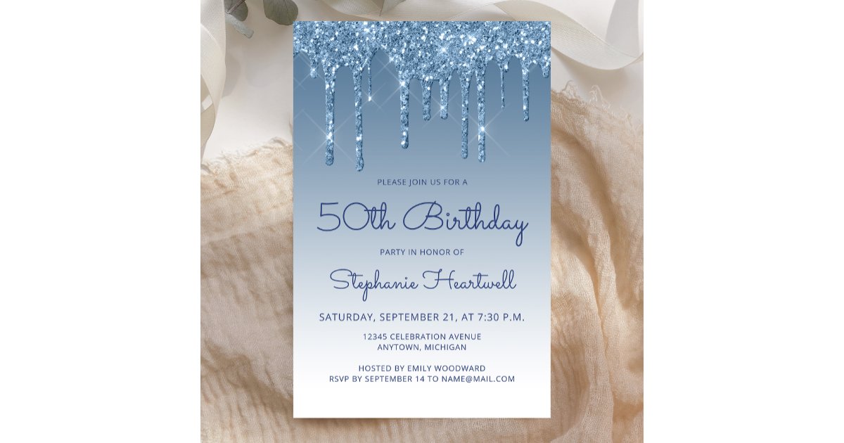 Budget Blue Glitter Drip 50th Birthday Invite | Zazzle