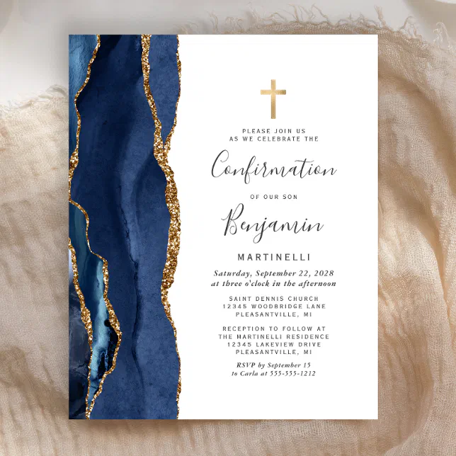 Budget Blue Gold Agate Confirmation Invitation | Zazzle