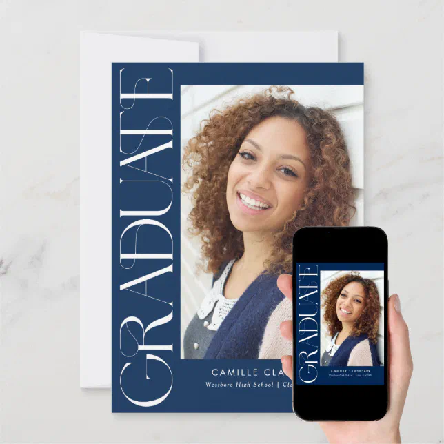 Budget Blue Modern Vertical Two Photo Graduation Invitation | Zazzle