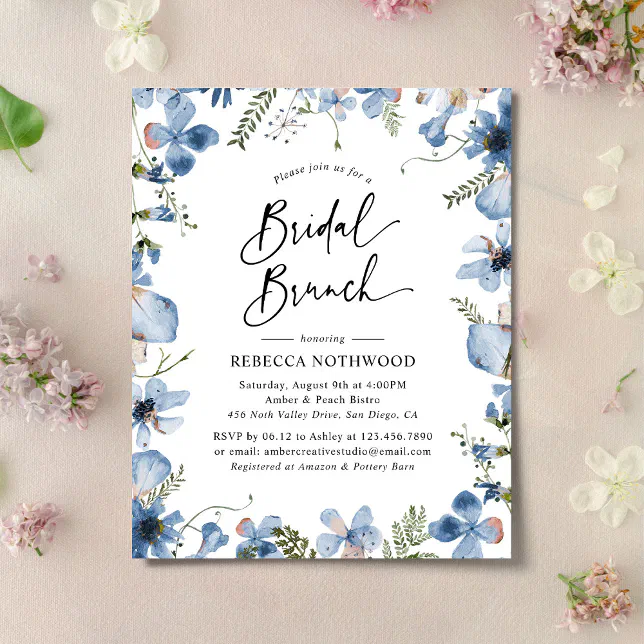 Budget Blue Watercolor Bridal Brunch Invitation | Zazzle