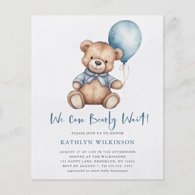 BUDGET Blue We Can Bearly Wait Boy Baby Shower Flyer | Zazzle