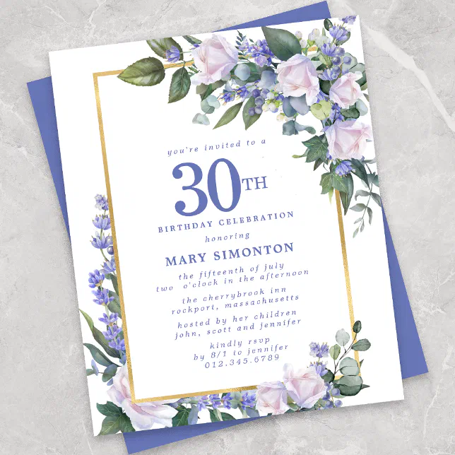 Budget Blue White Floral 30th Birthday Invitation | Zazzle