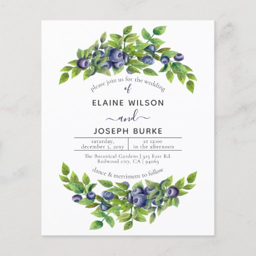 Budget blueberries botanical wedding invitation | Zazzle