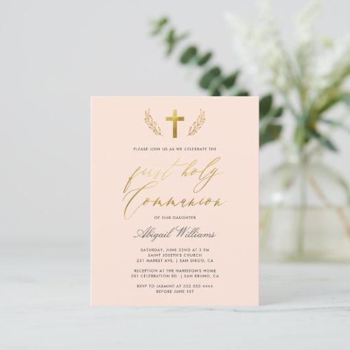 Budget Blush Gold Calligraphy First Holy Communion | Zazzle