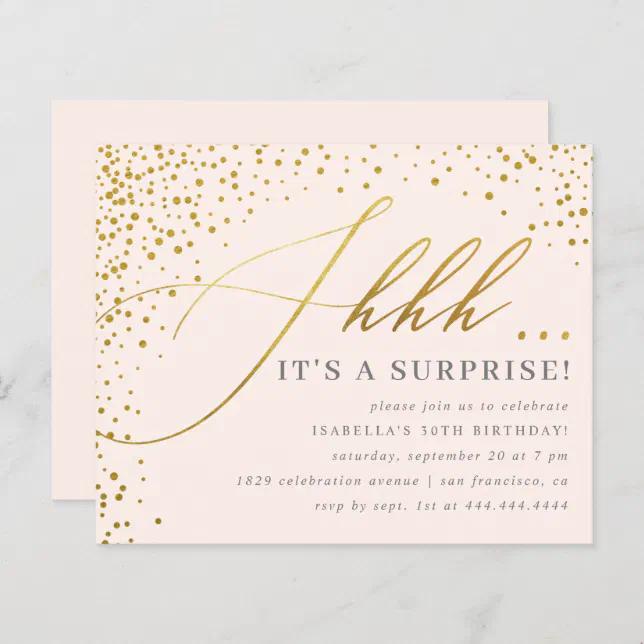 Budget Blush & Gold Confetti Script Surprise Party | Zazzle