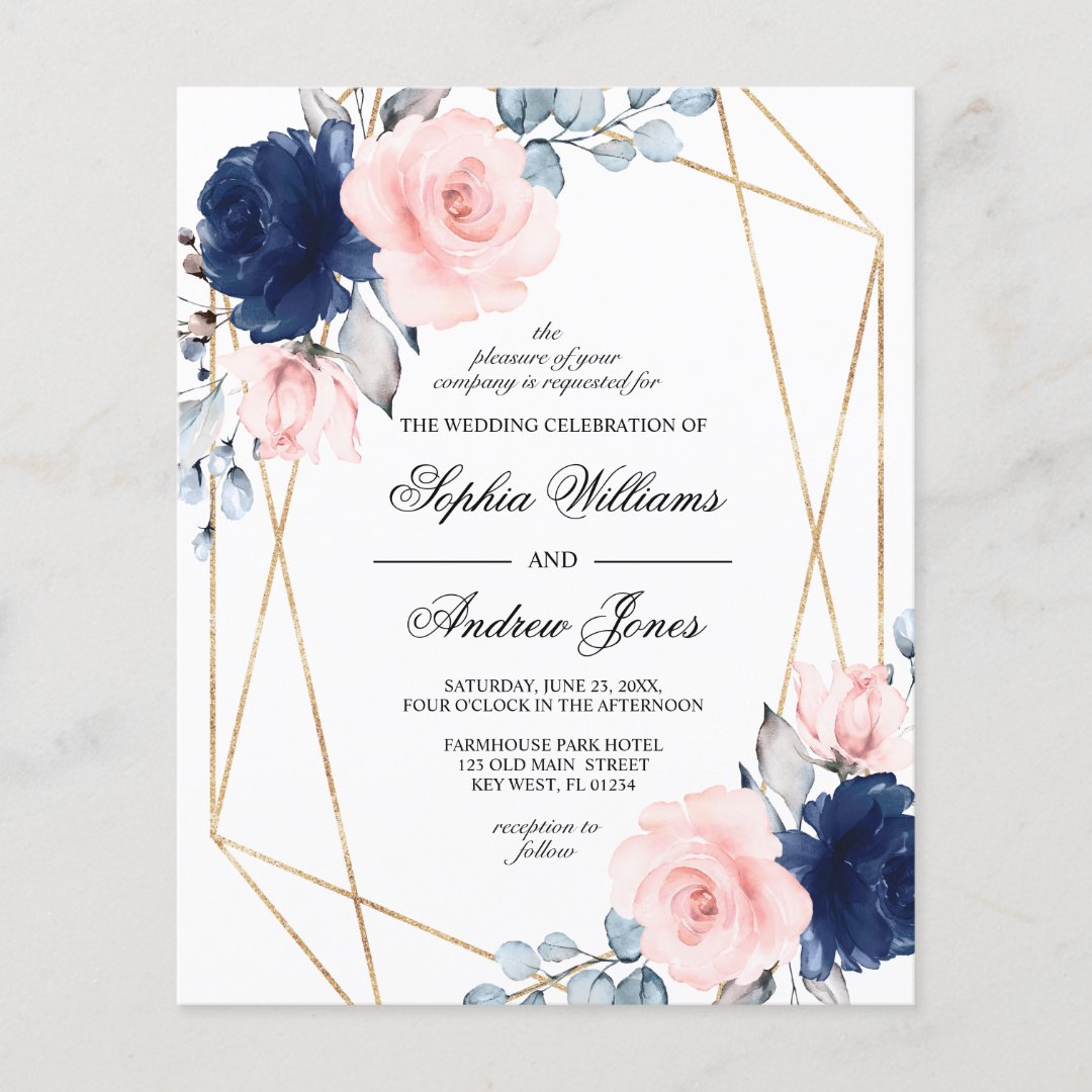 Budget Blush & Navy Blue Rose Wedding Invitation | Zazzle