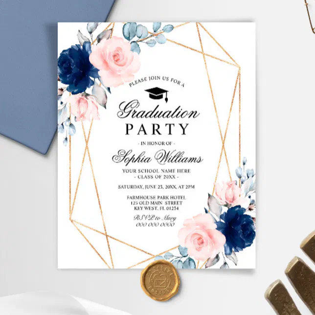 Budget Blush & Navy Graduation Party Invitation | Zazzle