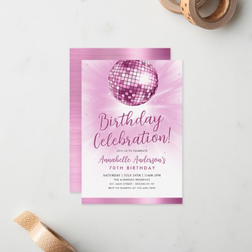 Budget Blush Pink Glitter 70s Disco Ball Birthday Note Card | Zazzle