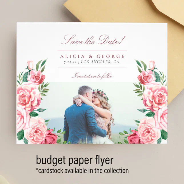Budget blush roses photo wedding save the date flyer | Zazzle