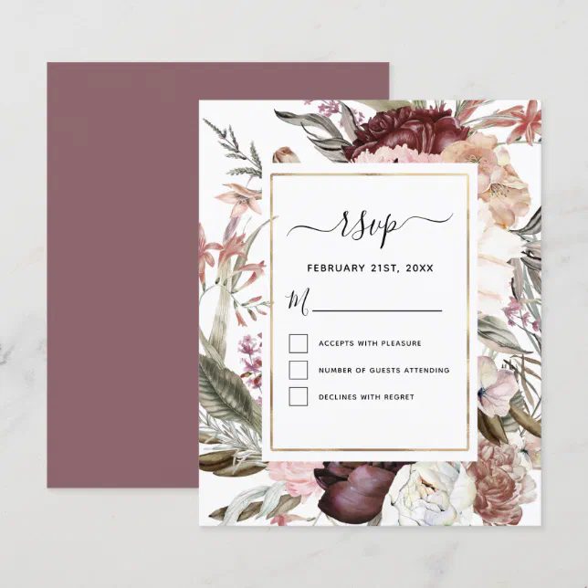 Budget Boho Dusty Pink Burgundy Wedding RSVP | Zazzle
