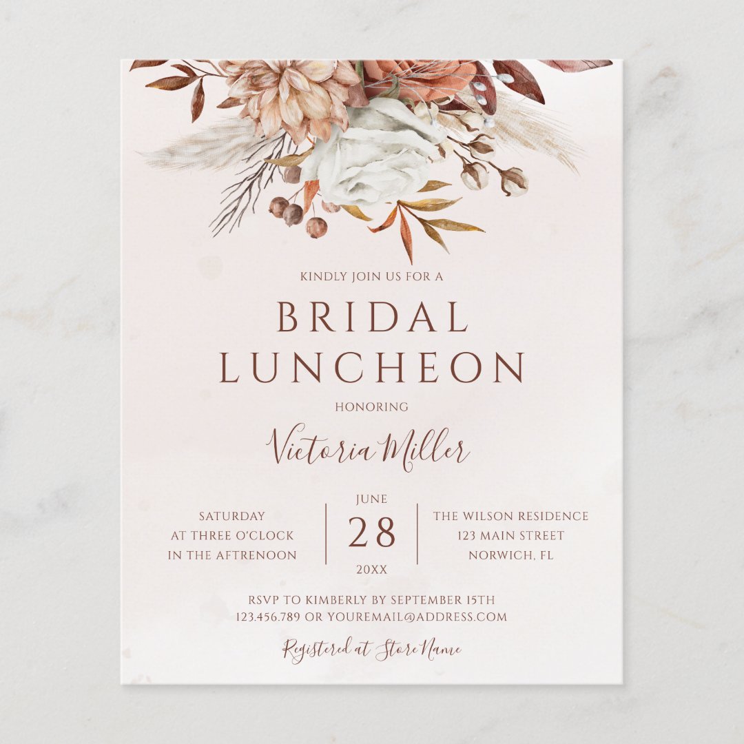 Budget Boho Fall Floral Bridal Luncheon Invitation | Zazzle