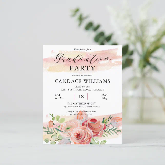 BUDGET Boho Peach Floral Grad Party Invitation | Zazzle