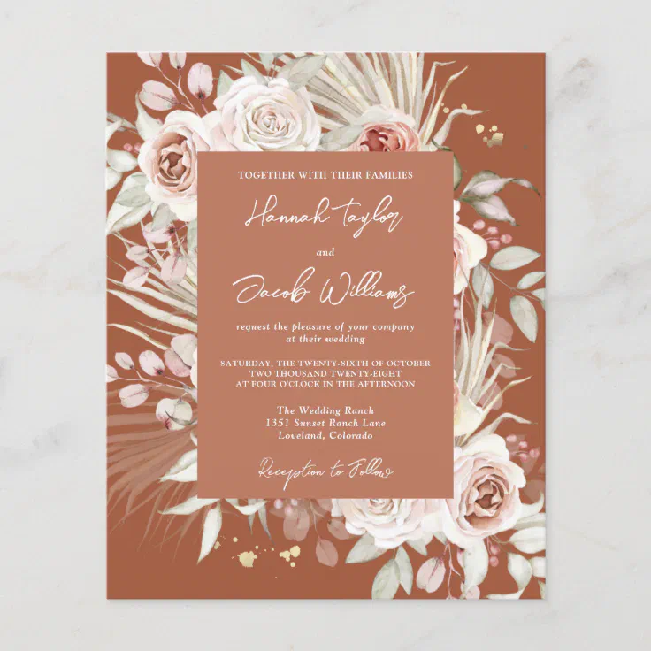 Budget Boho Terracotta Floral Wedding Invitation | Zazzle