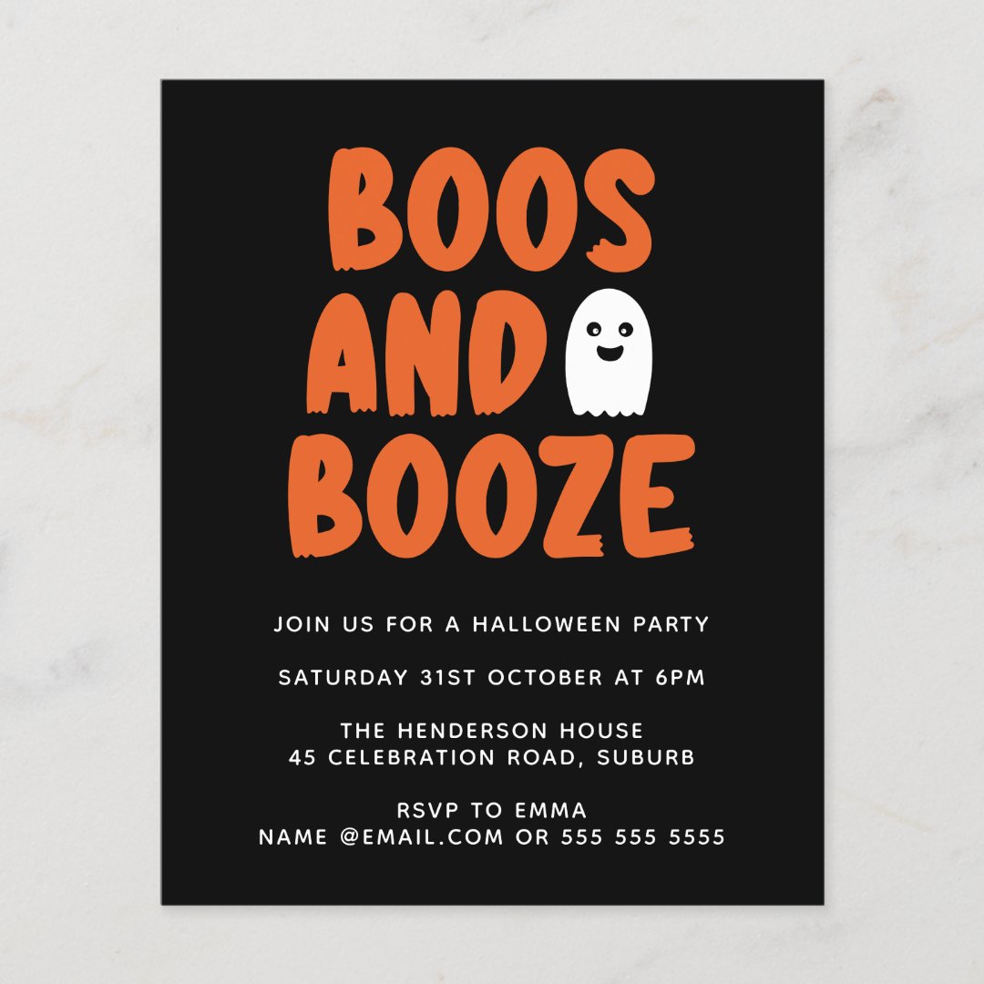 Budget Boos & Booze Cute Ghost Halloween Invite | Zazzle