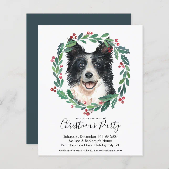 Budget Border Collie Dog Christmas Party Invite | Zazzle