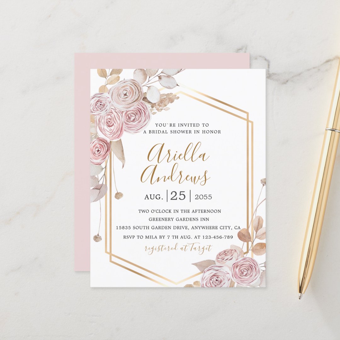 Budget Bridal Shower Floral Pink, Gold Invitation | Zazzle