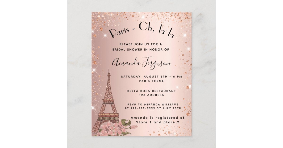 Budget bridal shower Paris rose gold invitation | Zazzle